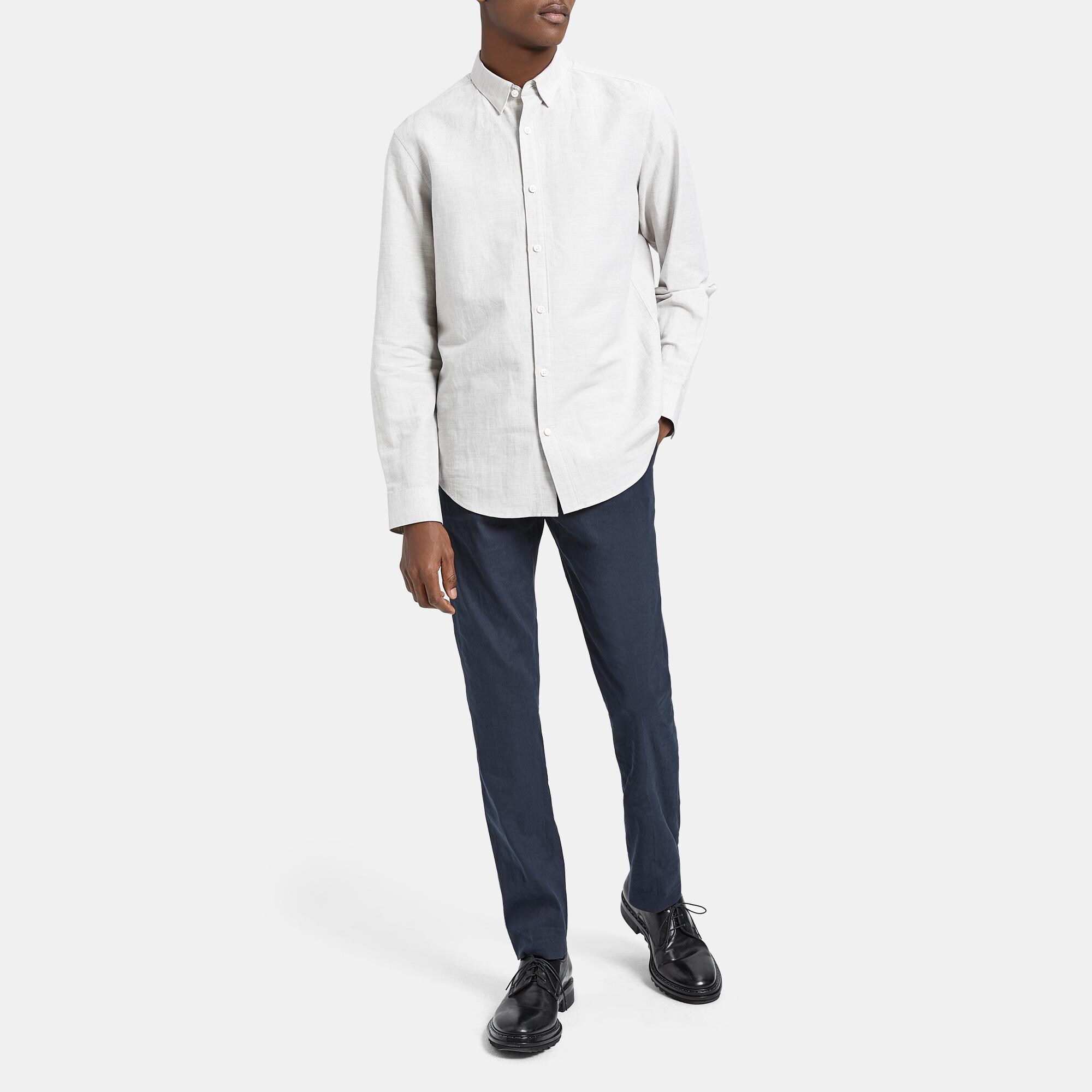 Theory Outlet Official Site | Essential Linen Hidden-Button Collar Shirt