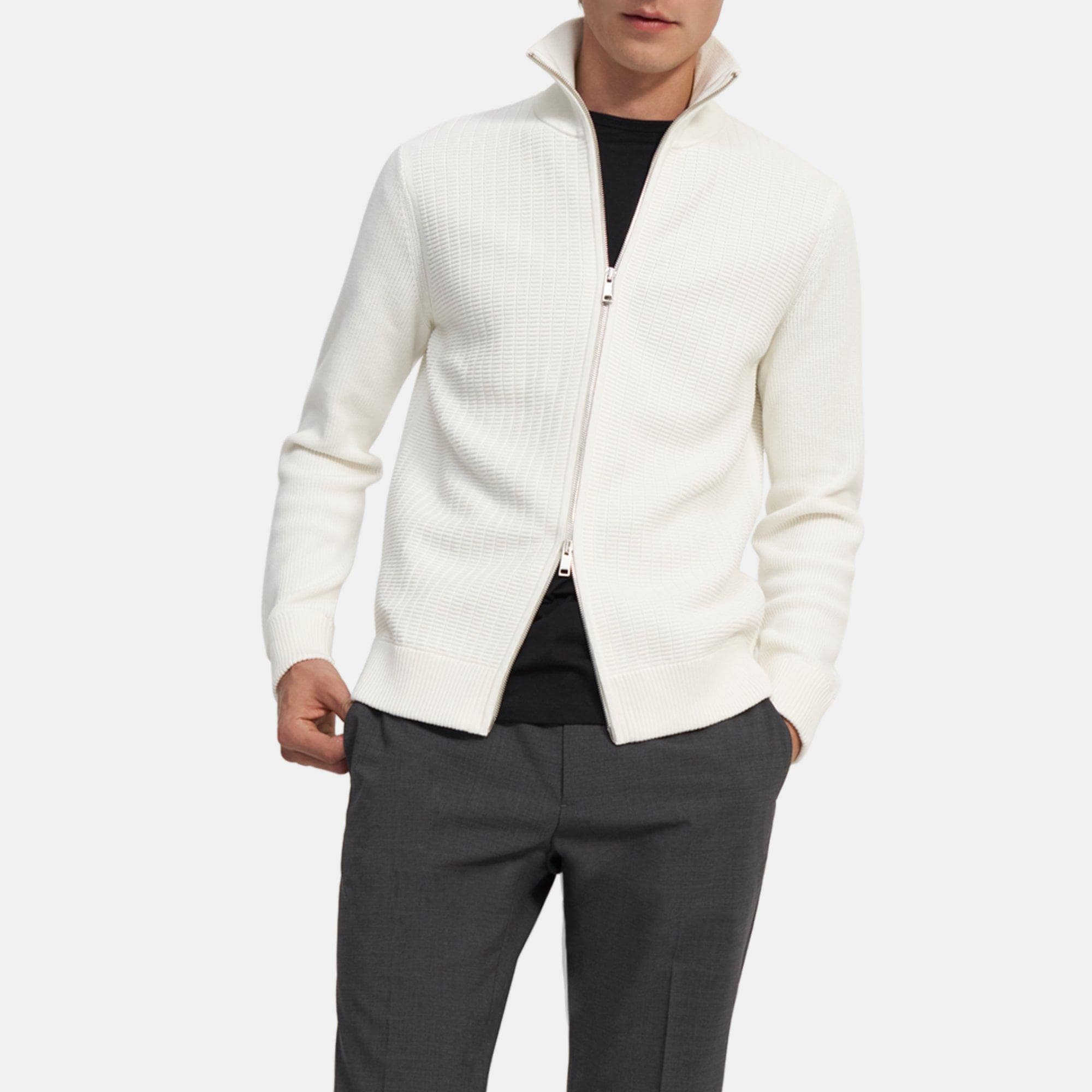 Theory Outlet Official Site | Waffle-Knit Zip Sweater in Organic Cotton