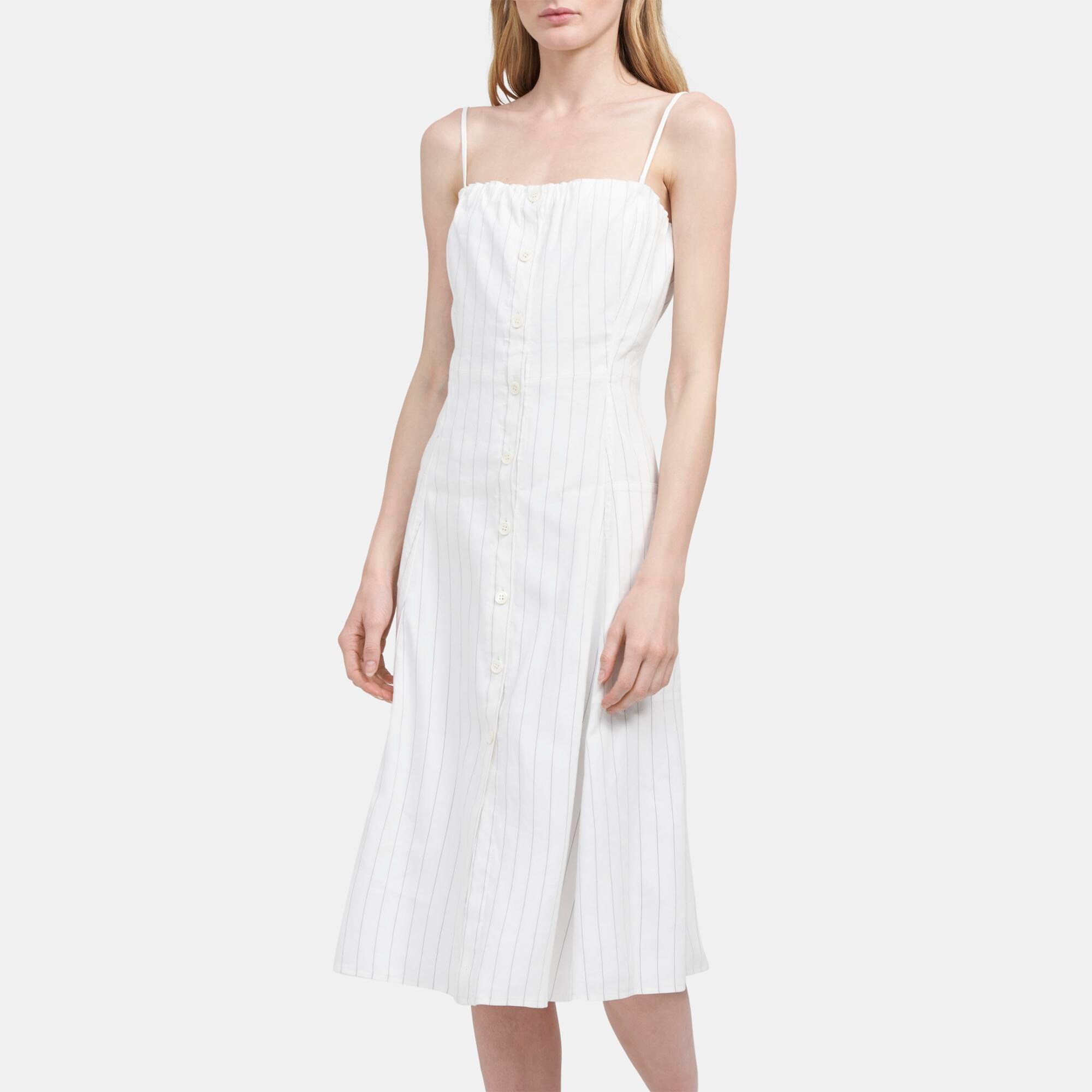 Theory Outlet Official Site | Button-Front Dress in Striped Linen