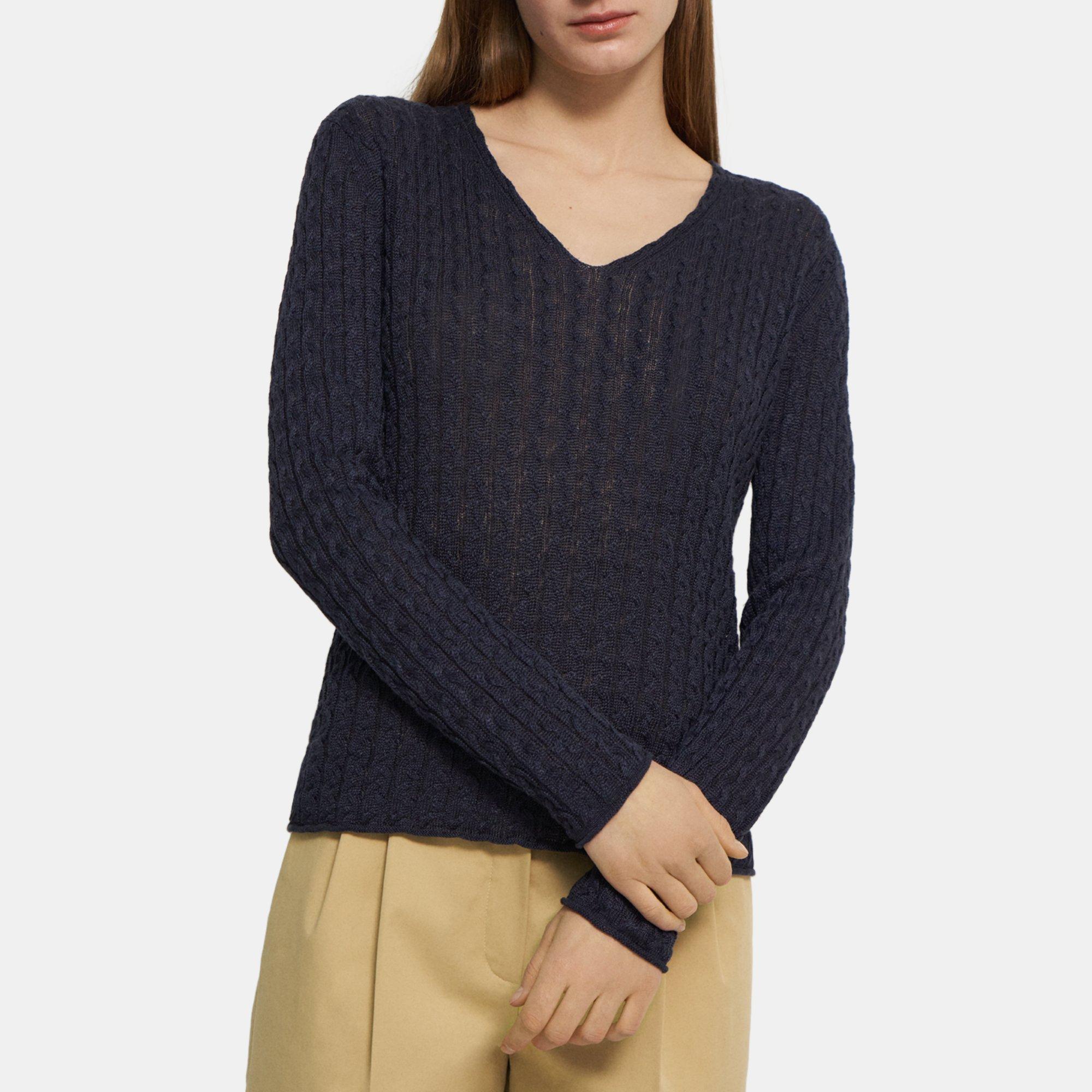 Cable Knit Linen V-Neck Sweater | Theory Outlet