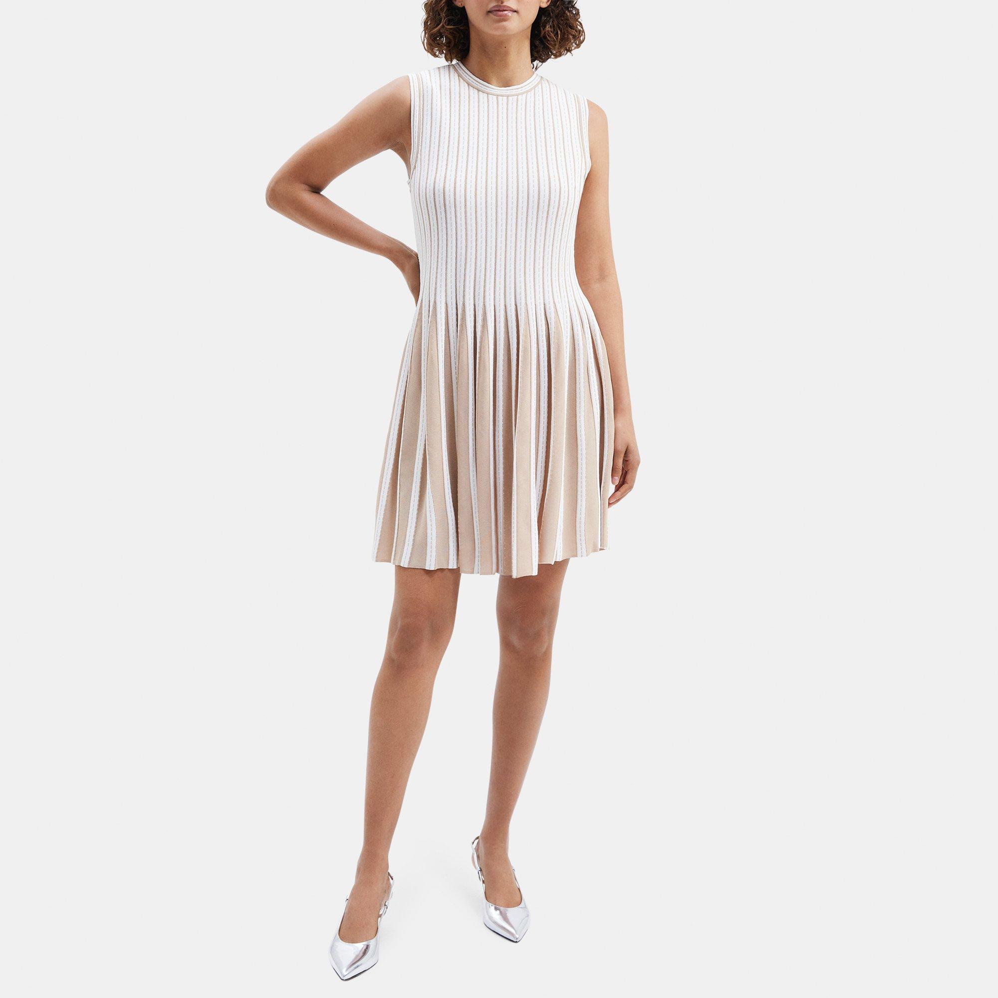 Compact Stretch Knit Striped Pleat Dress | Theory Outlet